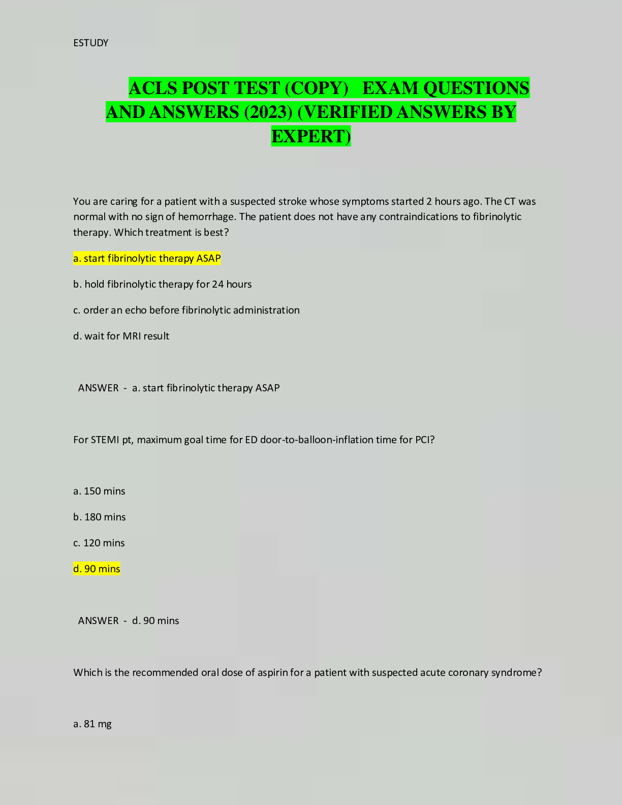 ACLS POST TEST (COPY) EXAM QUESTIONS AND ANSWERS (2023) (VERIFIED ...